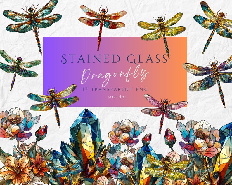 Stained Glass Dragonfly Clipart Pack, Colorful Dragonflies Clipart ...