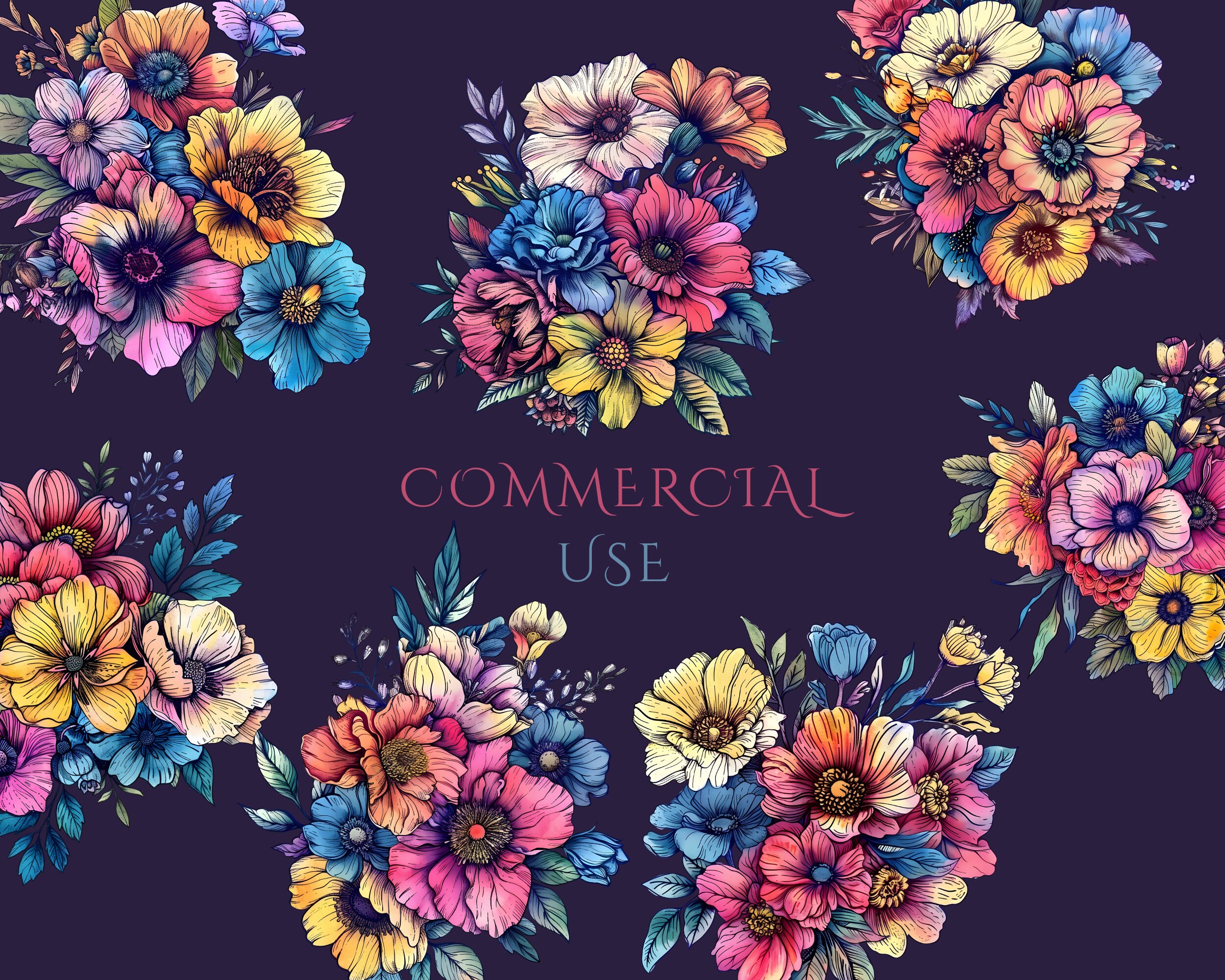 Neon Bright Florals Bouquet Clipart Pack, Create Your Own Colorful ...