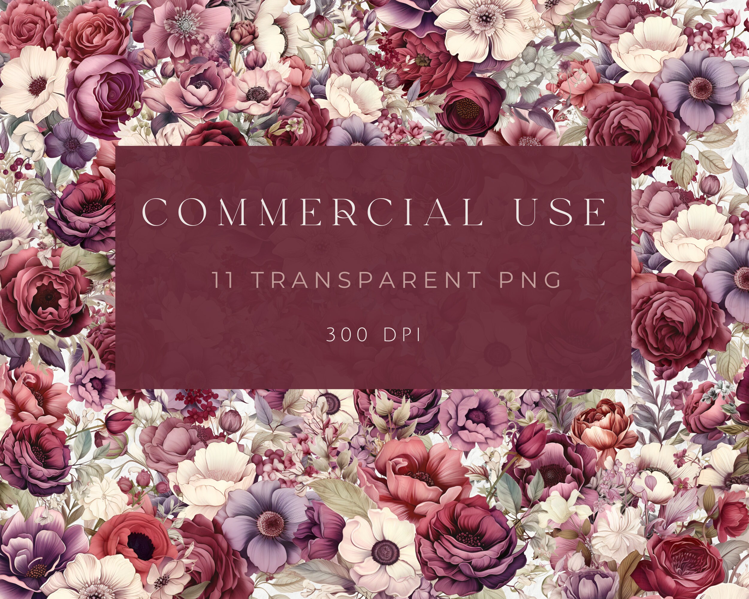 Burgundy Vintage Florals Clipart, Maroon Flower Bouquets, Commercial ...