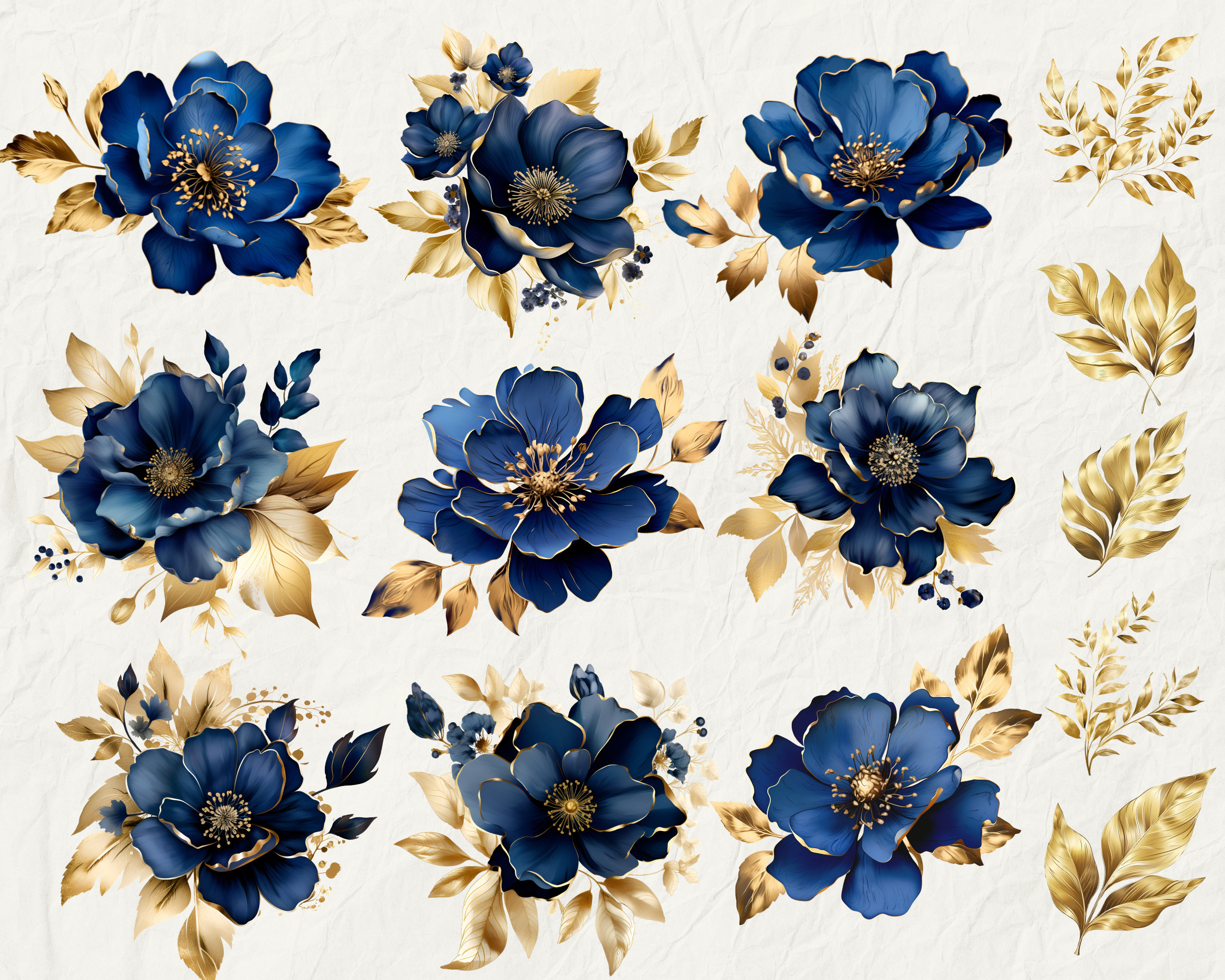 Dark Blue and Gold Flowers Clipart, Blue Flowers and Gold Leaves ...