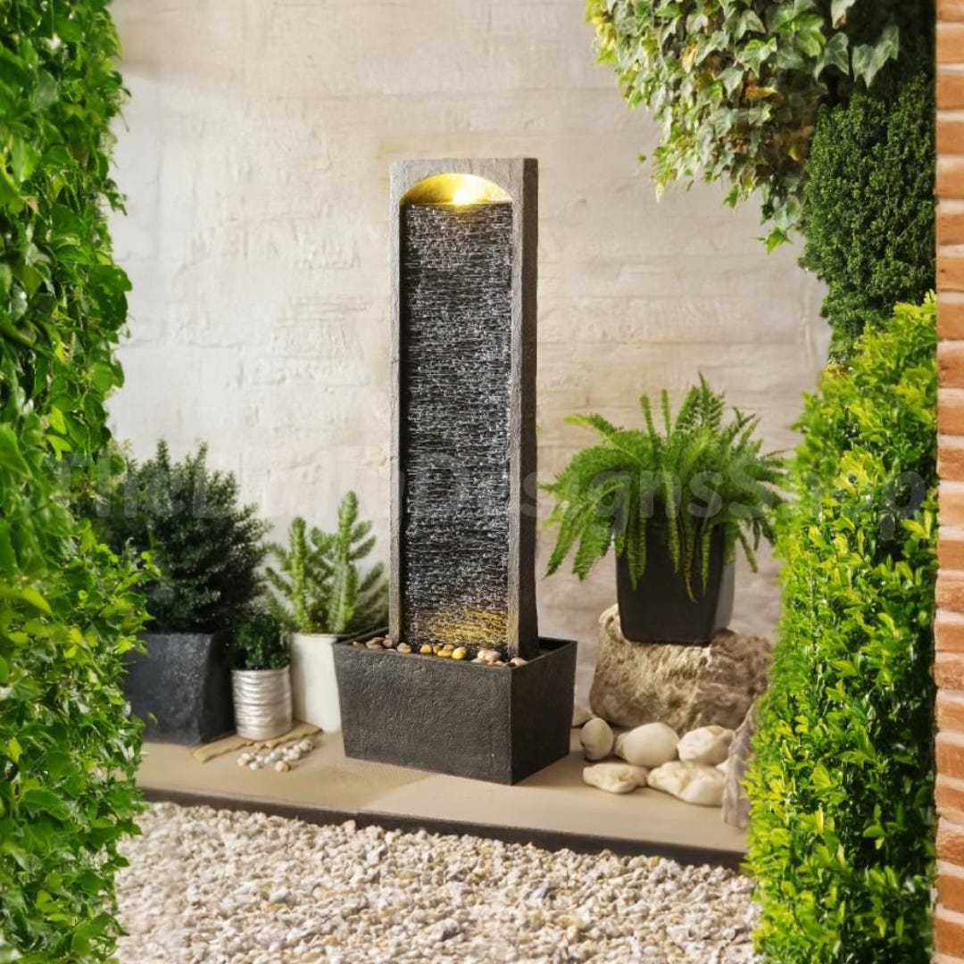 Tall Slate Effect Garden Water Fountain With LED Lights | Modern Tiered ...