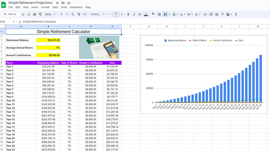 Excelsior Creations: Simple Retirement Calculator Excel Google Sheets ...