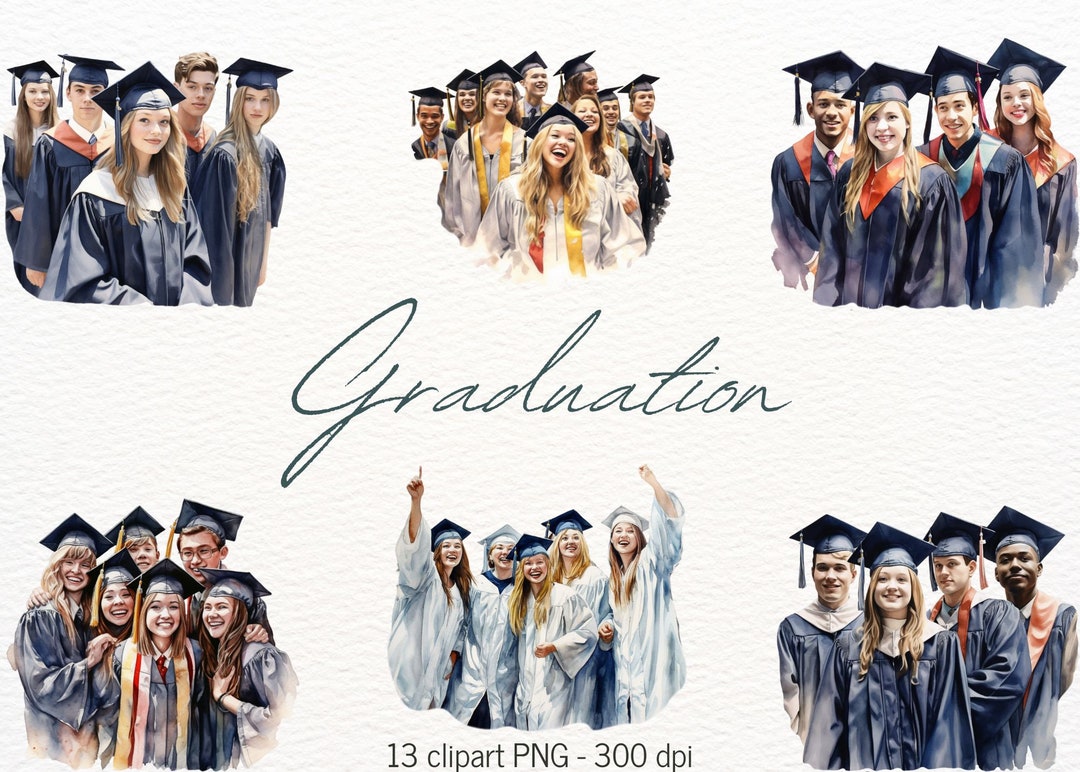 Graduation Clipart Bundle Watercolor Graduating Girls Boys in Cap ...