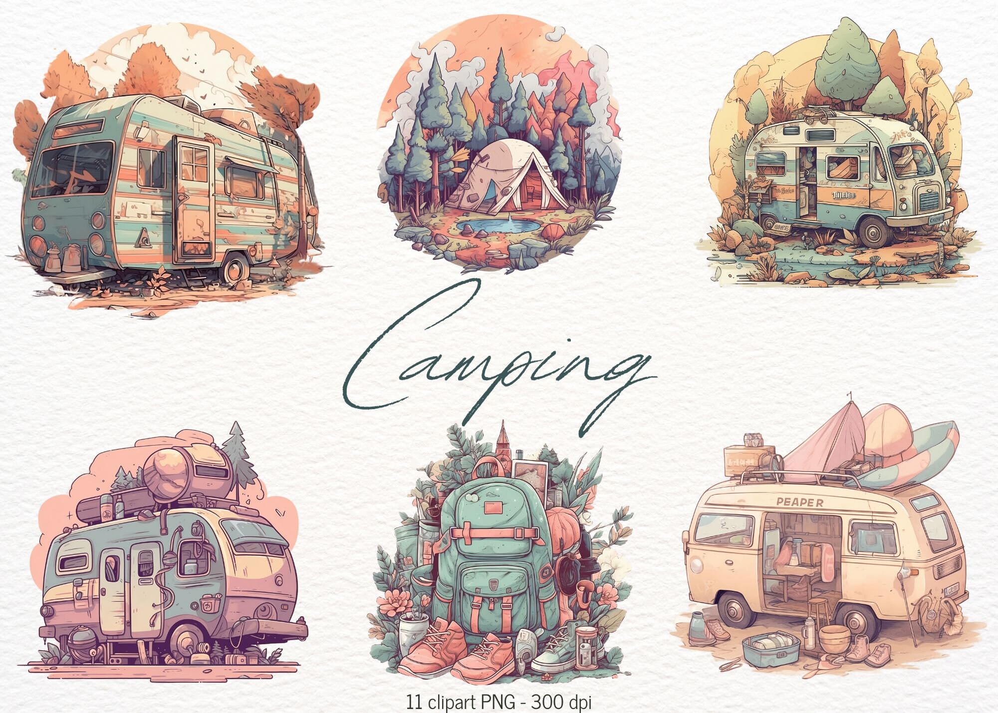 Camper Vans Clipart Bundle, Camping Illustration Bundle, Watercolor ...