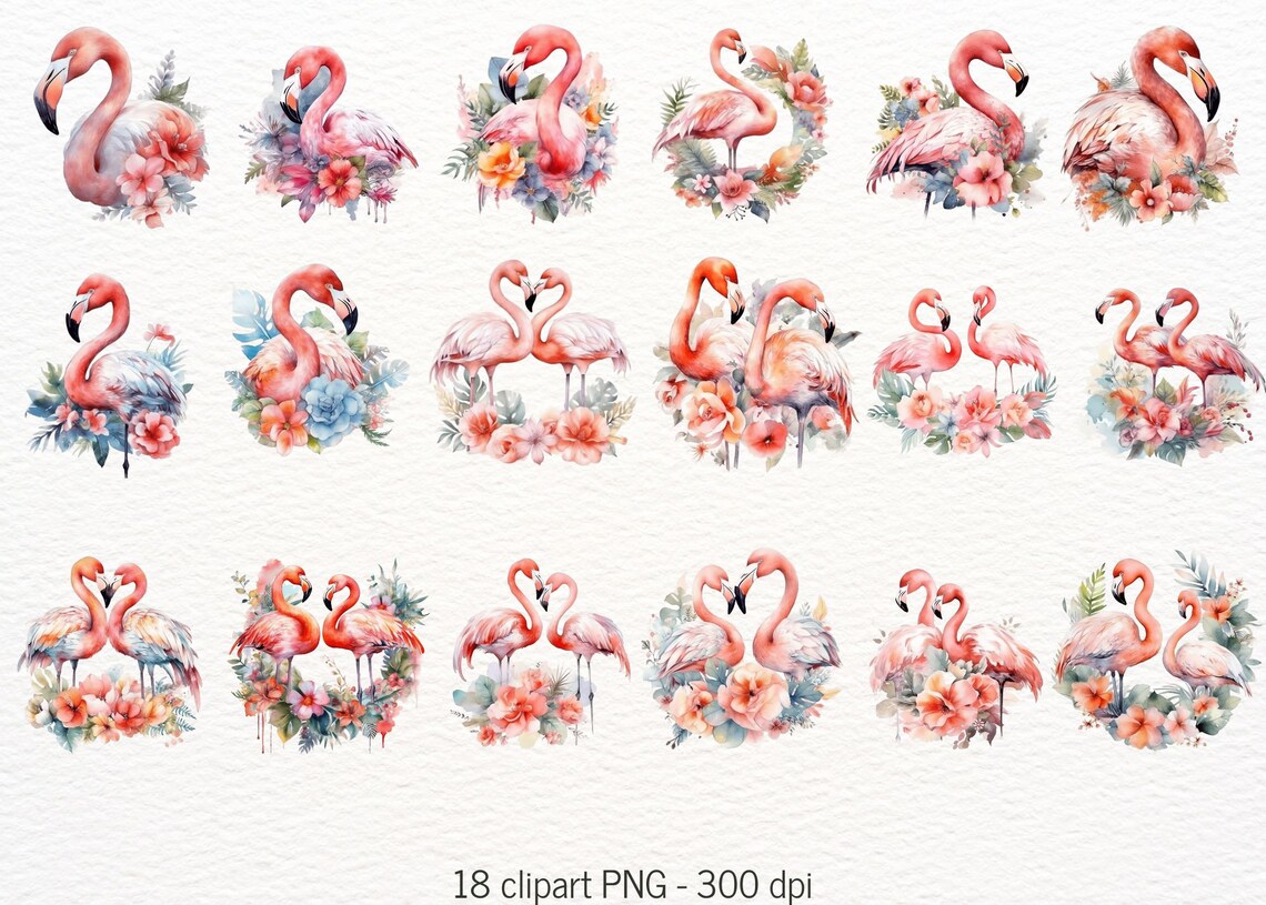 Pink Flamingo Clipart Bundle Watercolor Floral Tropical Illustration 18 ...