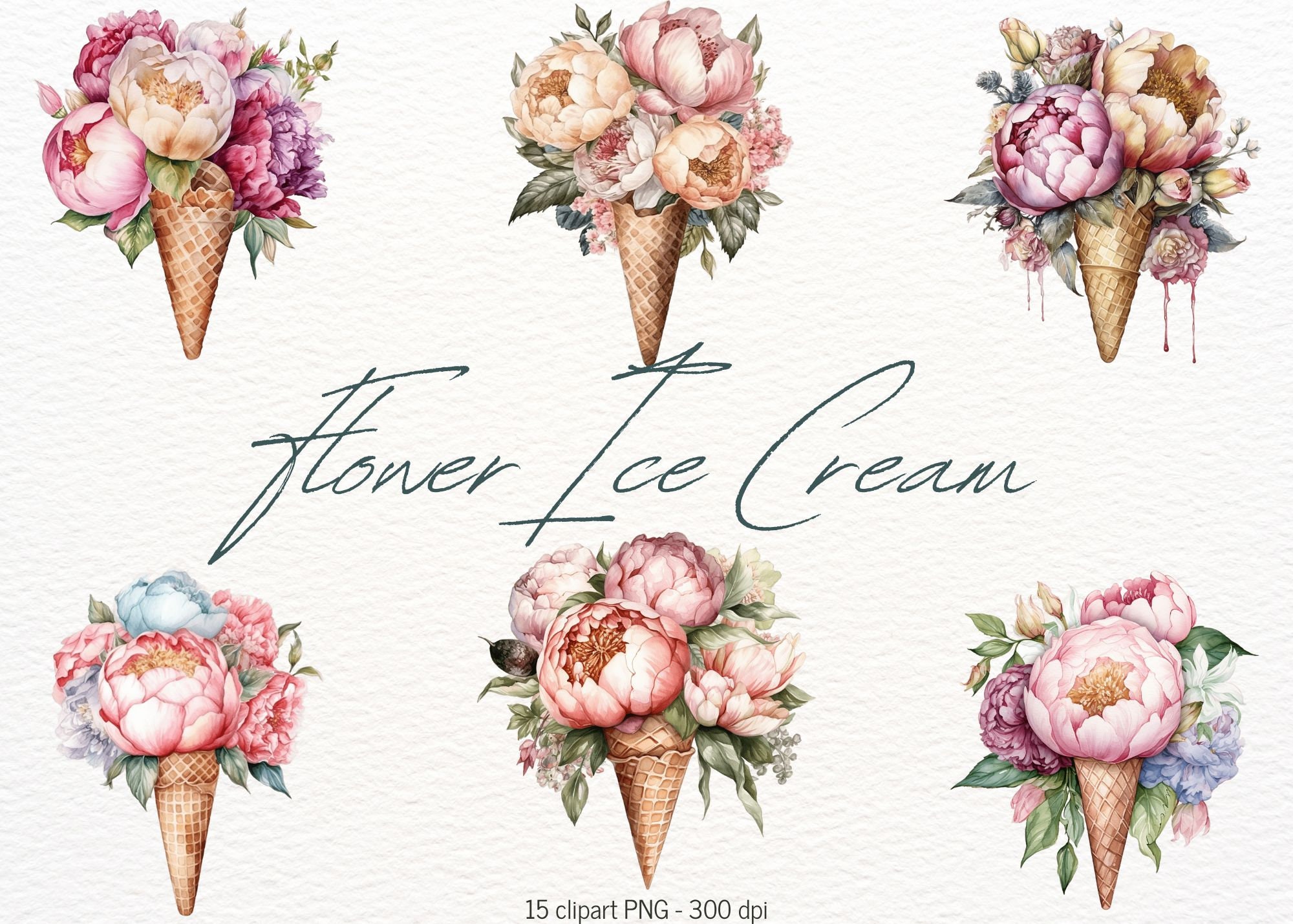 Ice Cream Clipart Bundle, Floral Ice Cream Illustrations, Ice Cream ...