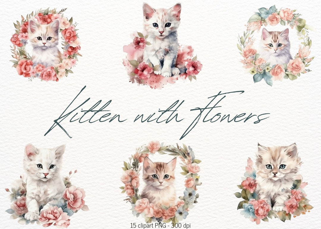 Kitten Clipart Bundle With Flowers, Watercolor Cat Illustration Bundle ...