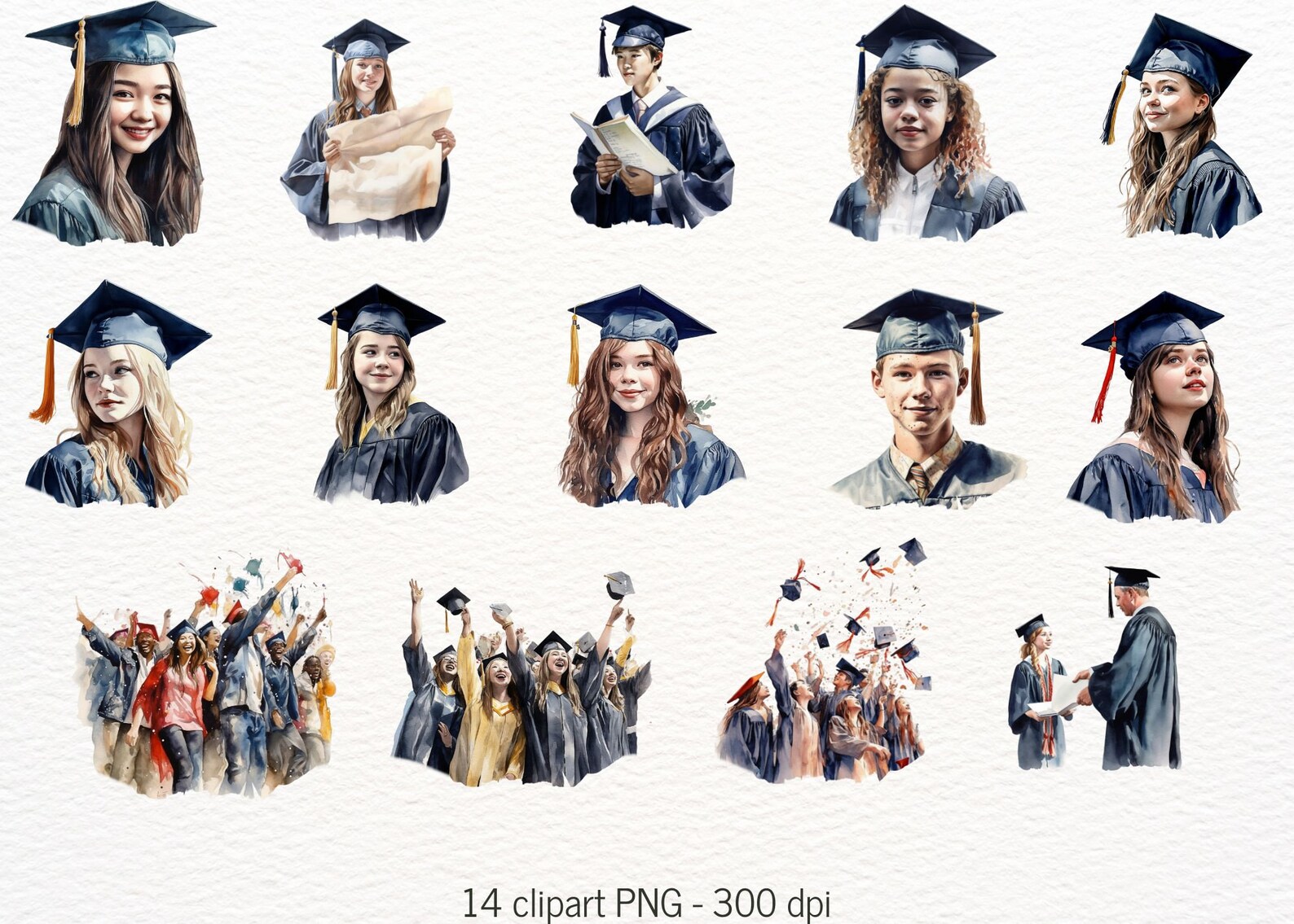 Graduation Clipart Bundle, Watercolor Graduating Girl, Boy in Cap ...