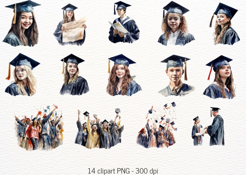 Graduation Clip Art Bundle Watercolor Graduating Girl Boy in - Etsy