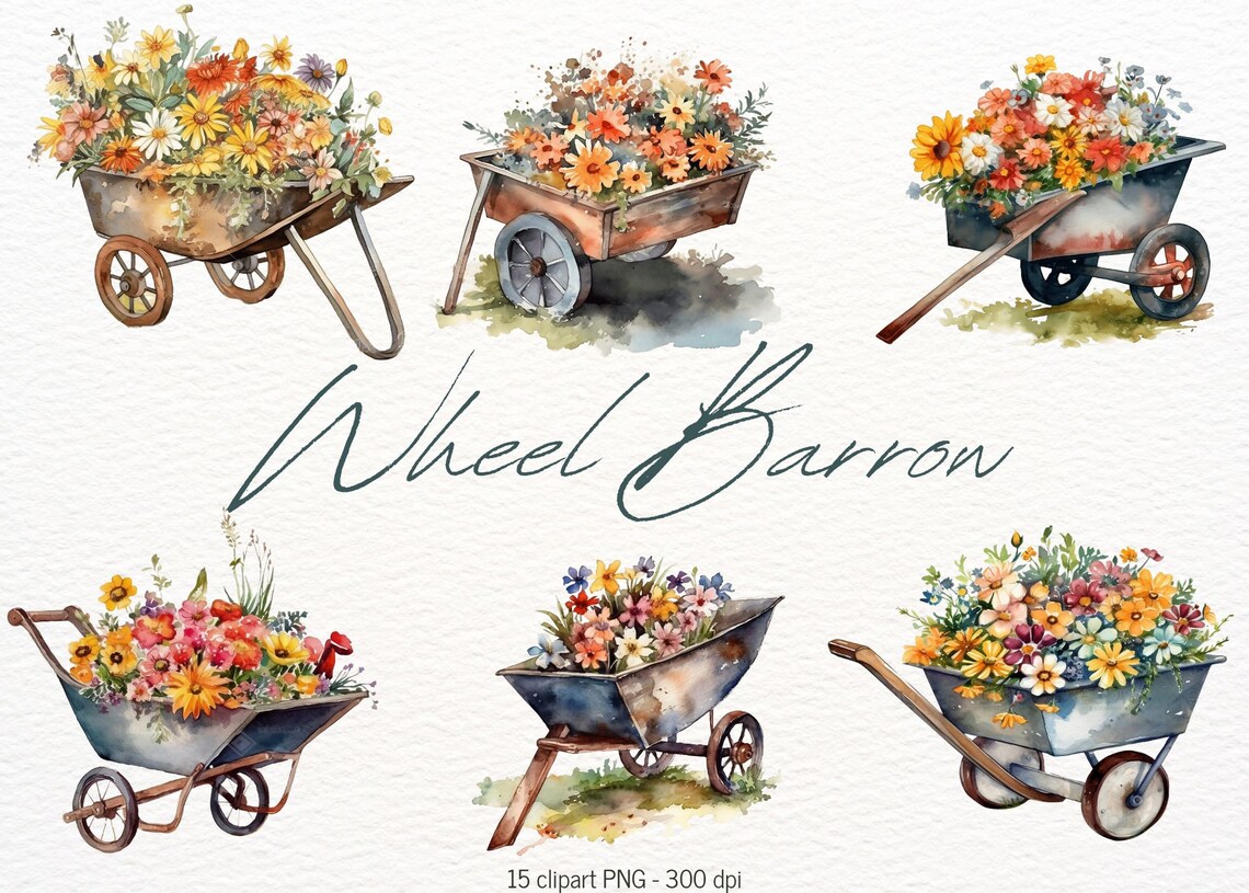 Gardening Clipart Bundle With Wheelbarrow, Watercolor Spring Clipart ...