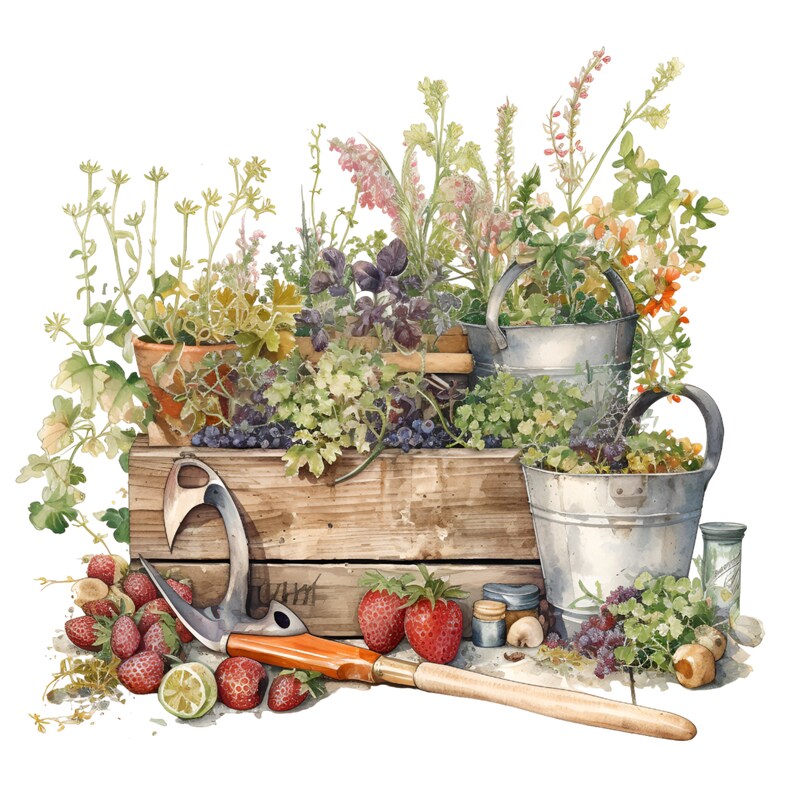 Watercolor Gardening Clip Art Bundle Garden Tools Planters Flowers 13 ...