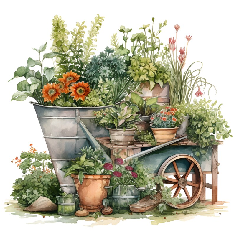 Watercolor Gardening Clip Art Bundle Garden Tools Planters Flowers 13 ...