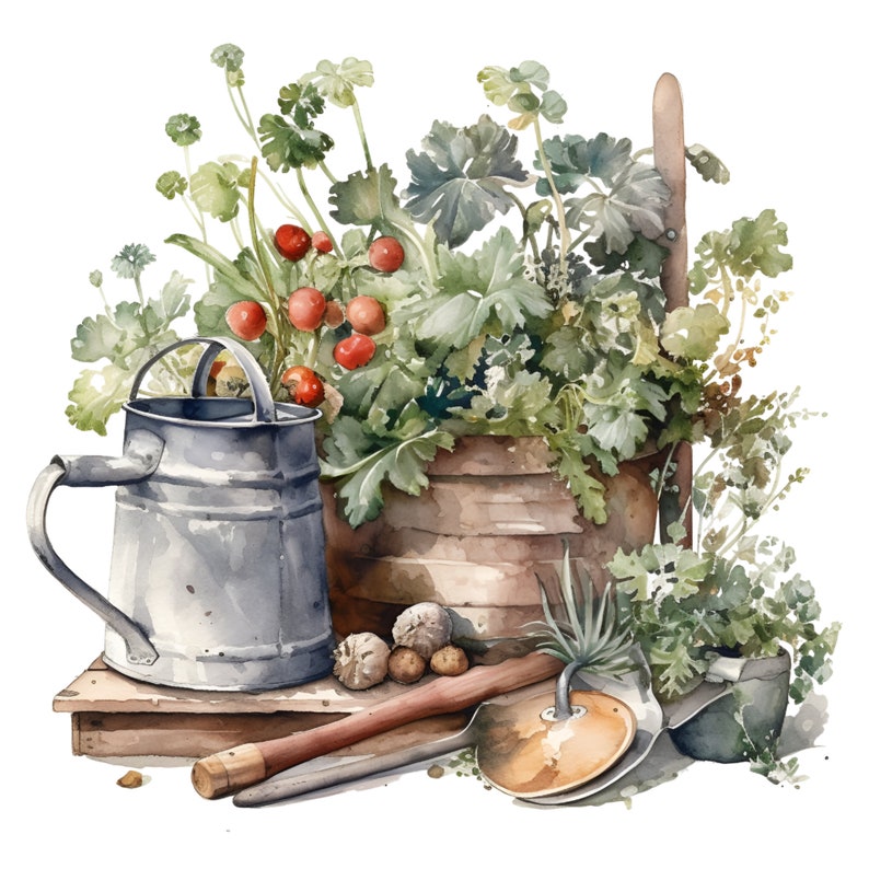 Watercolor Gardening Clip Art Bundle Garden Tools Planters Flowers 13 ...