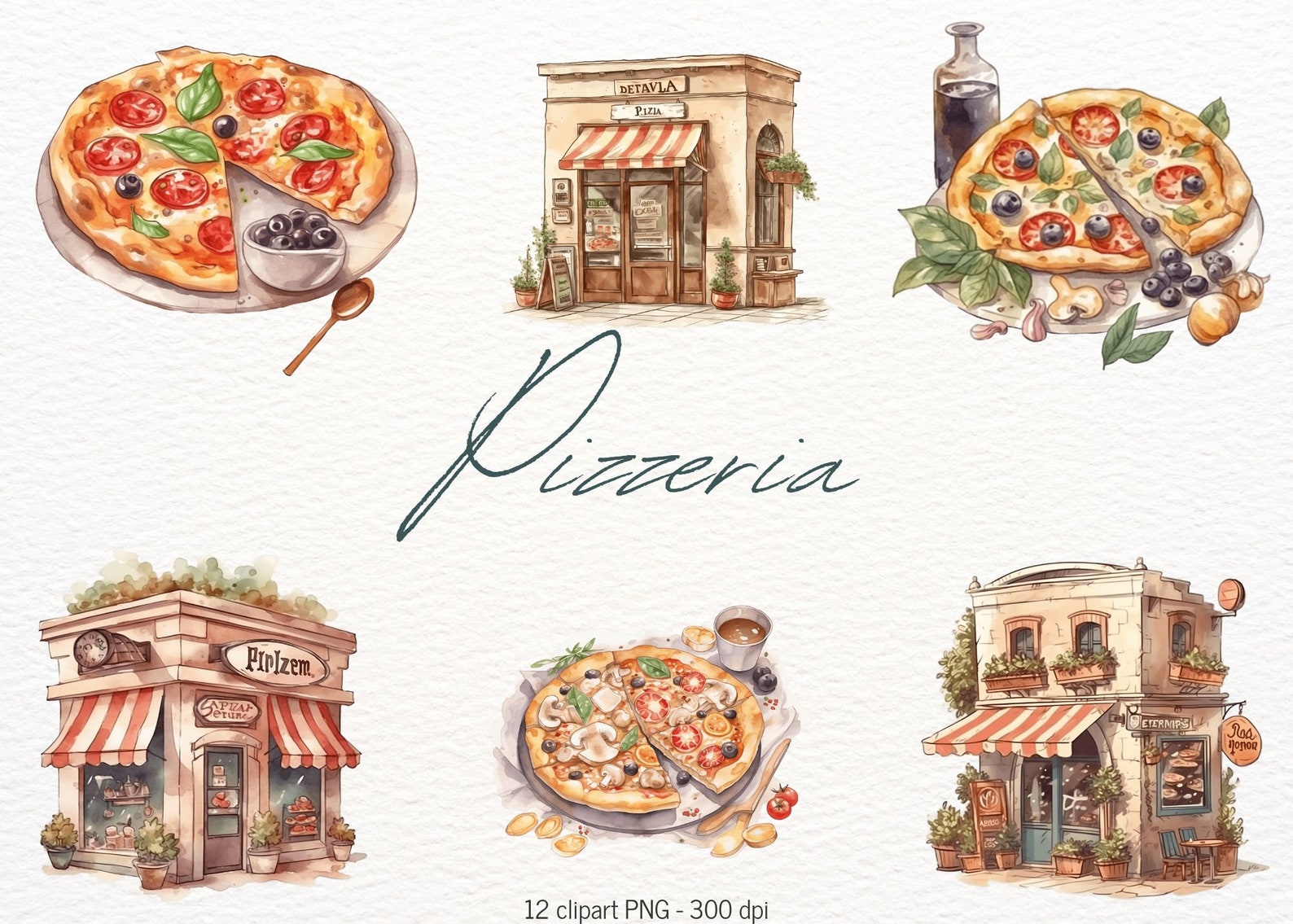 Pizza Clipart Bundle, Watercolor Pizza Illustration Bundle, Italian ...