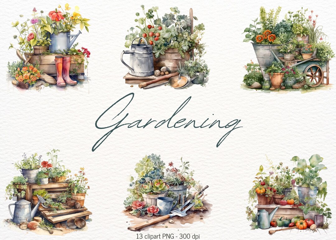 Watercolor Gardening Clip Art Bundle Garden Tools Planters Flowers 13 ...