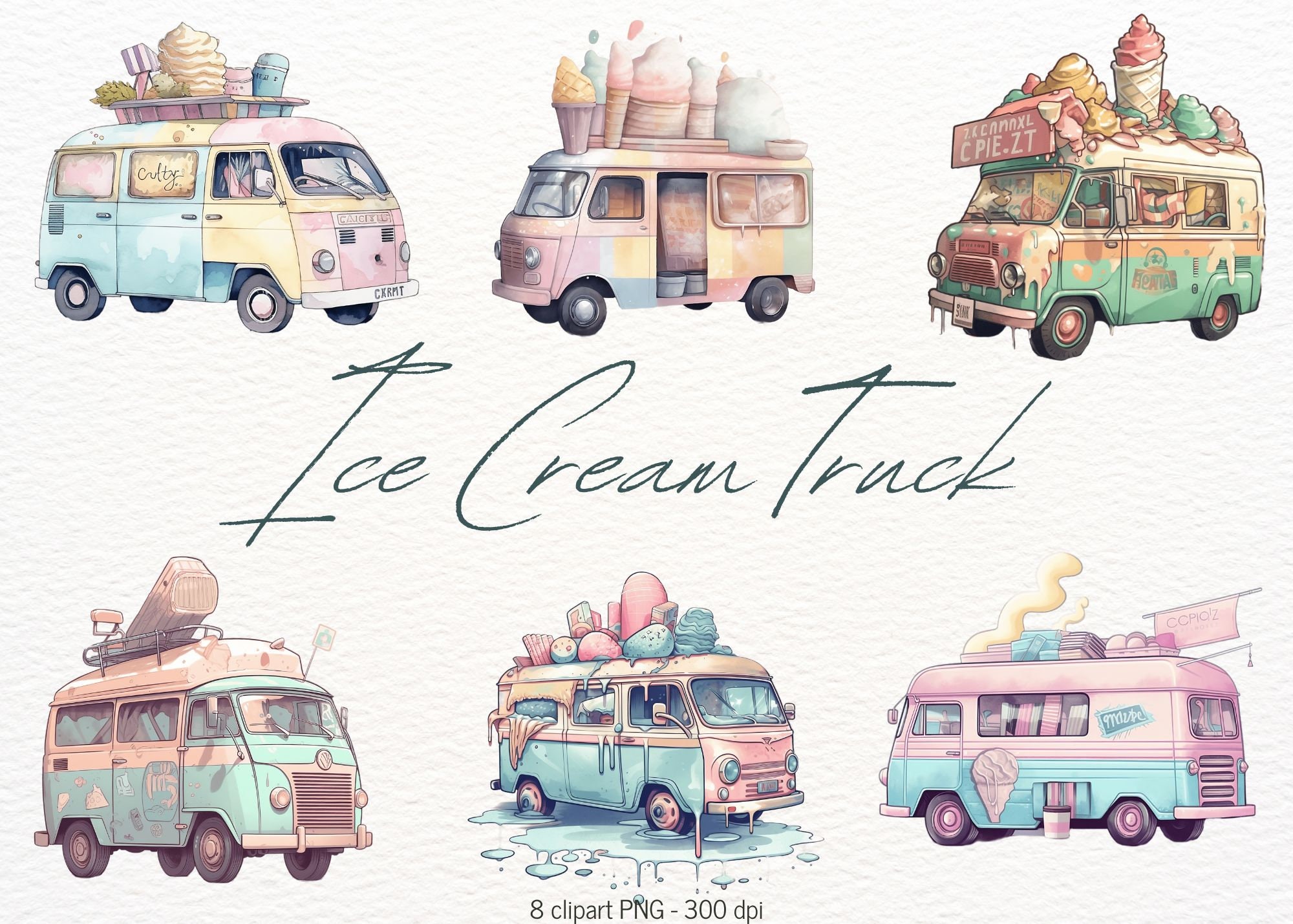 Camper Van Clipart Bundle Watercolor Ice Cream Transparent 8 PNG ...