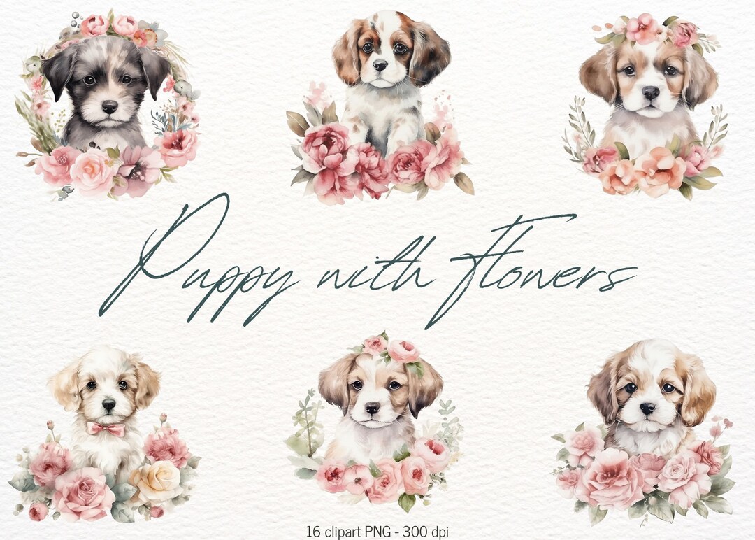 Puppy Clipart Bundle With Flowers, Watercolor Puppy Png Bundle, Flowers ...