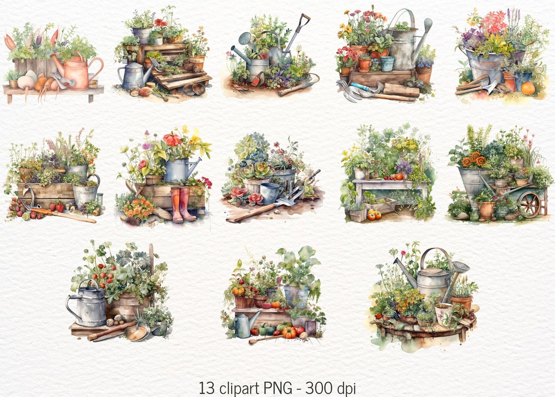 Watercolor Gardening Clip Art Bundle Garden Tools Planters Flowers 13 ...