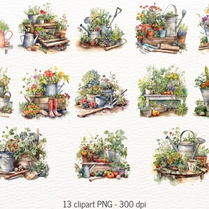 Watercolor Gardening Clip Art Bundle Garden Tools Planters Flowers 13 ...