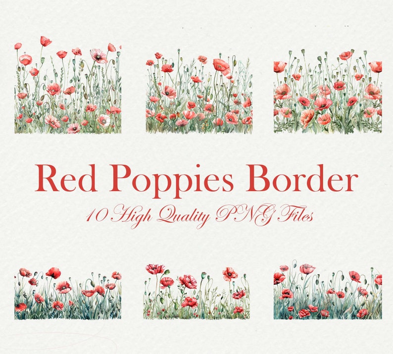 Poppies Border Clipart Bundle, Red Flowers Graphics, Watercolor Summer ...