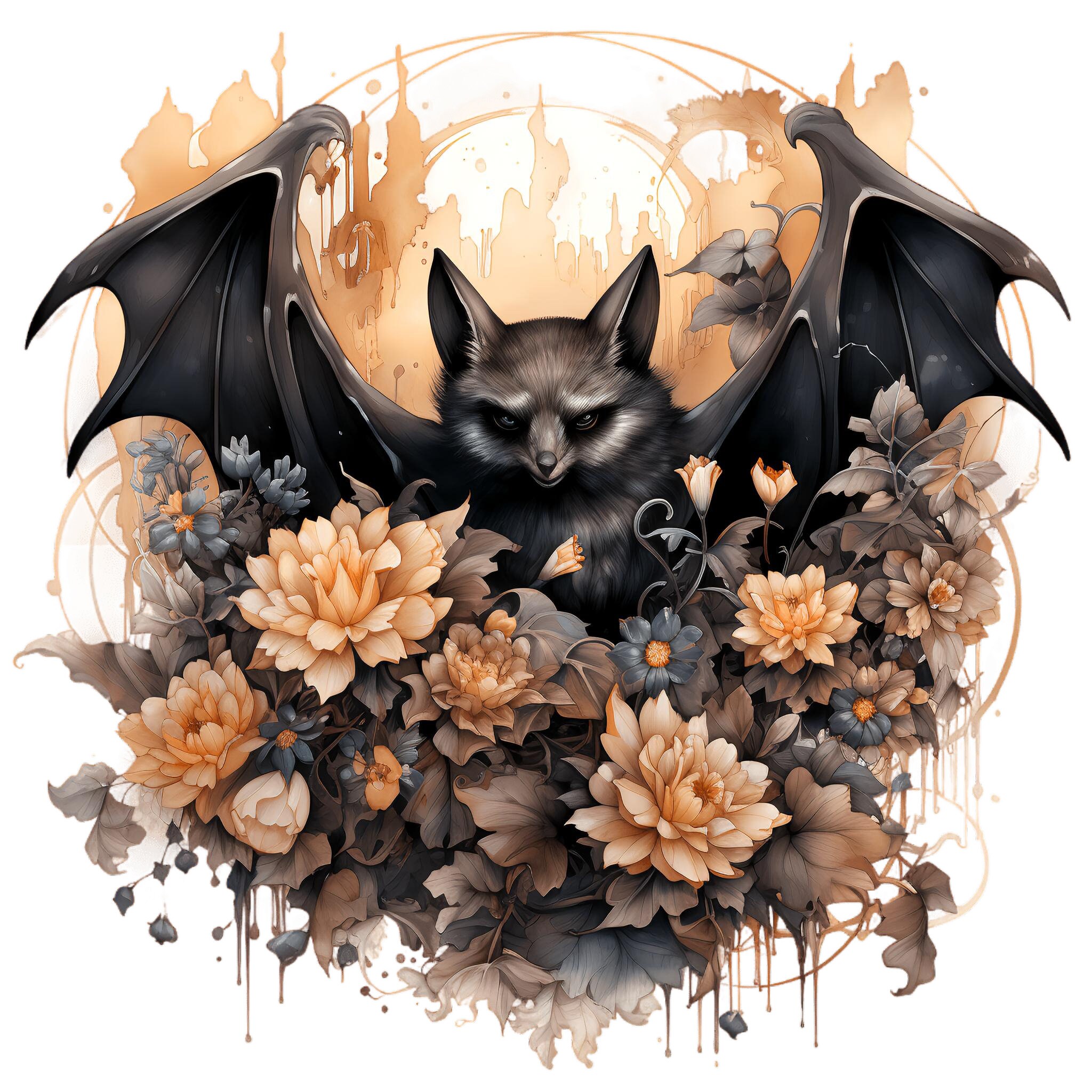 Halloween Clipart With Floral Bats Watercolor Illustration - Etsy