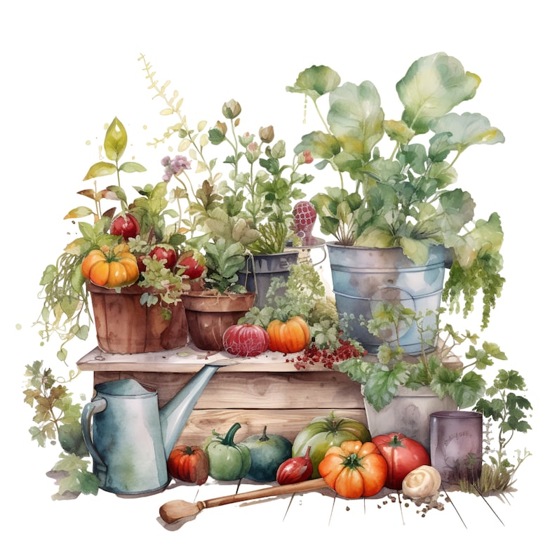 Watercolor Gardening Clip Art Bundle Garden Tools Planters Flowers 13 ...