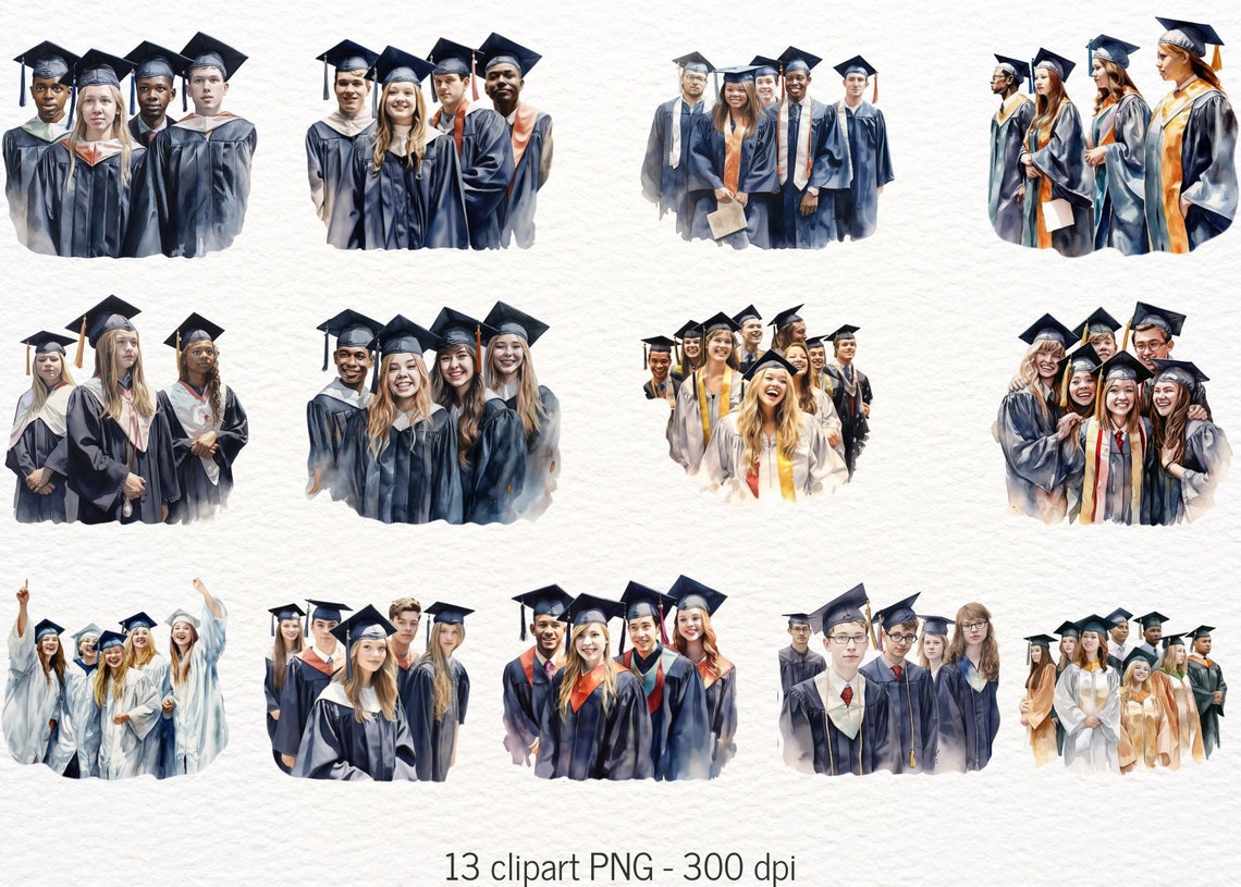 Graduation Clipart Bundle Watercolor Graduating Girls Boys in Cap ...