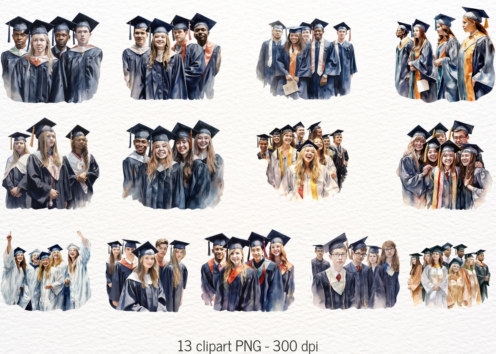 Graduation Clipart Bundle Watercolor Graduating Girls Boys in Cap ...