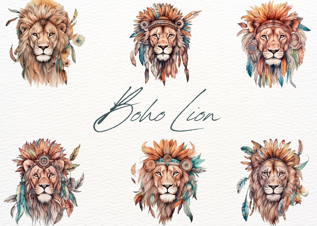 Lion Clipart Bundle, Boho Lion Illustrations, Bohemian Lion Graphics ...