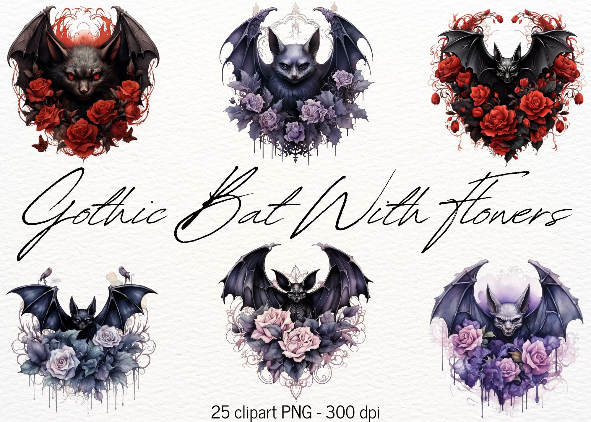 Halloween Clipart With Floral Bats Watercolor Illustration Bundle ...
