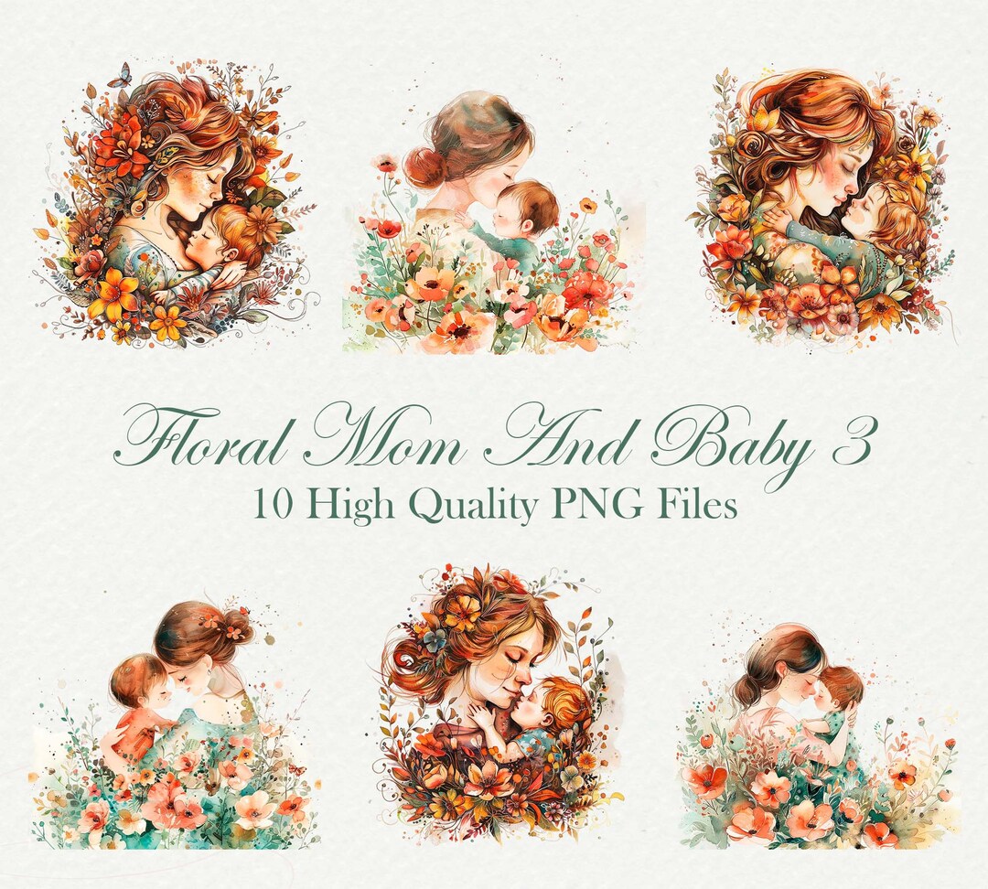 Mothers Day Clipart Bundle, Floral Mom and Baby Graphics, Mother and ...
