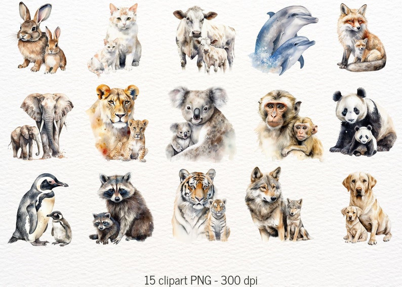 Mother and Baby Animal Clipart Bundle, Watercolor Animal Illustration ...