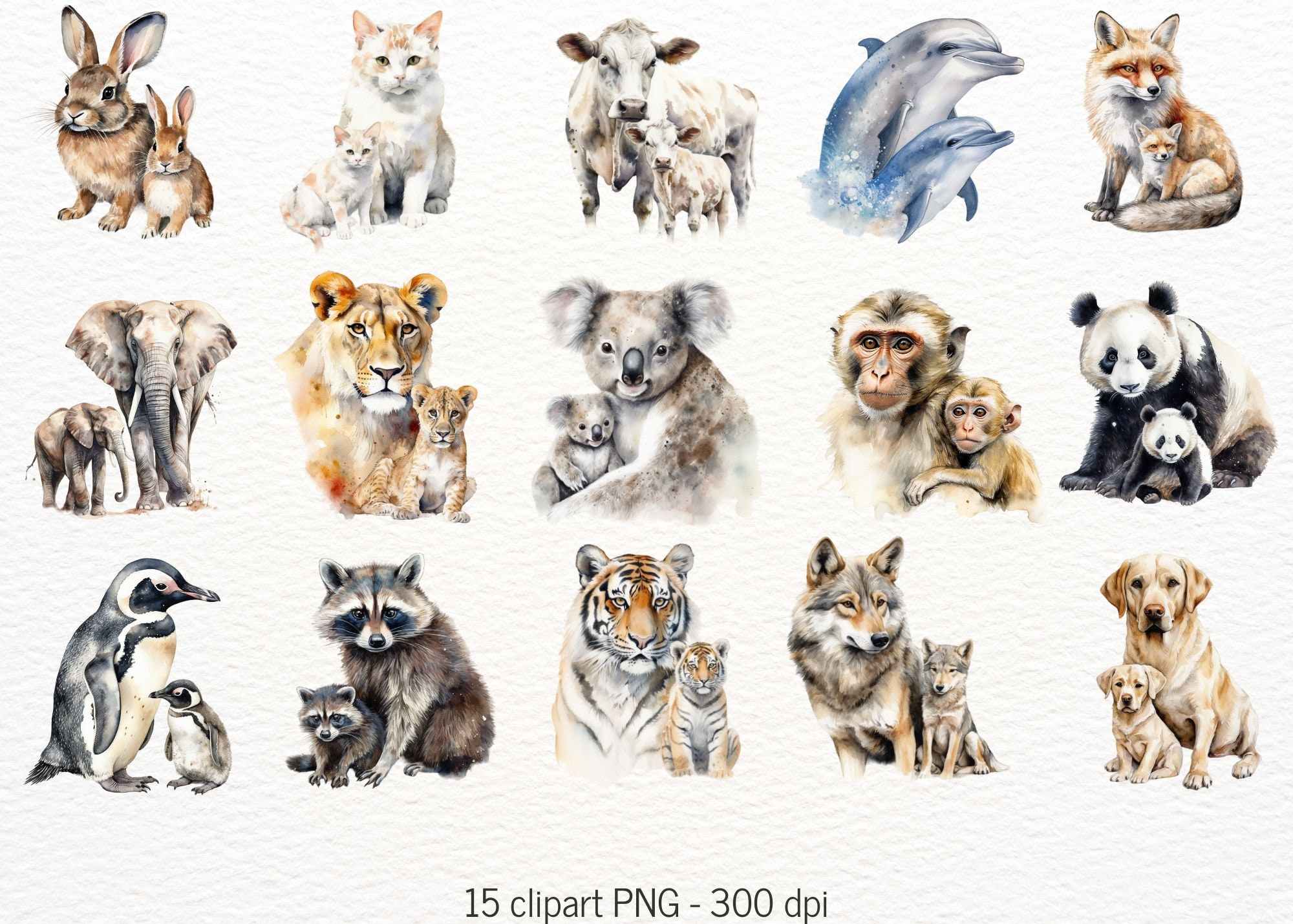 Mother and Baby Animal Clipart Bundle, Watercolor Animal Illustration ...