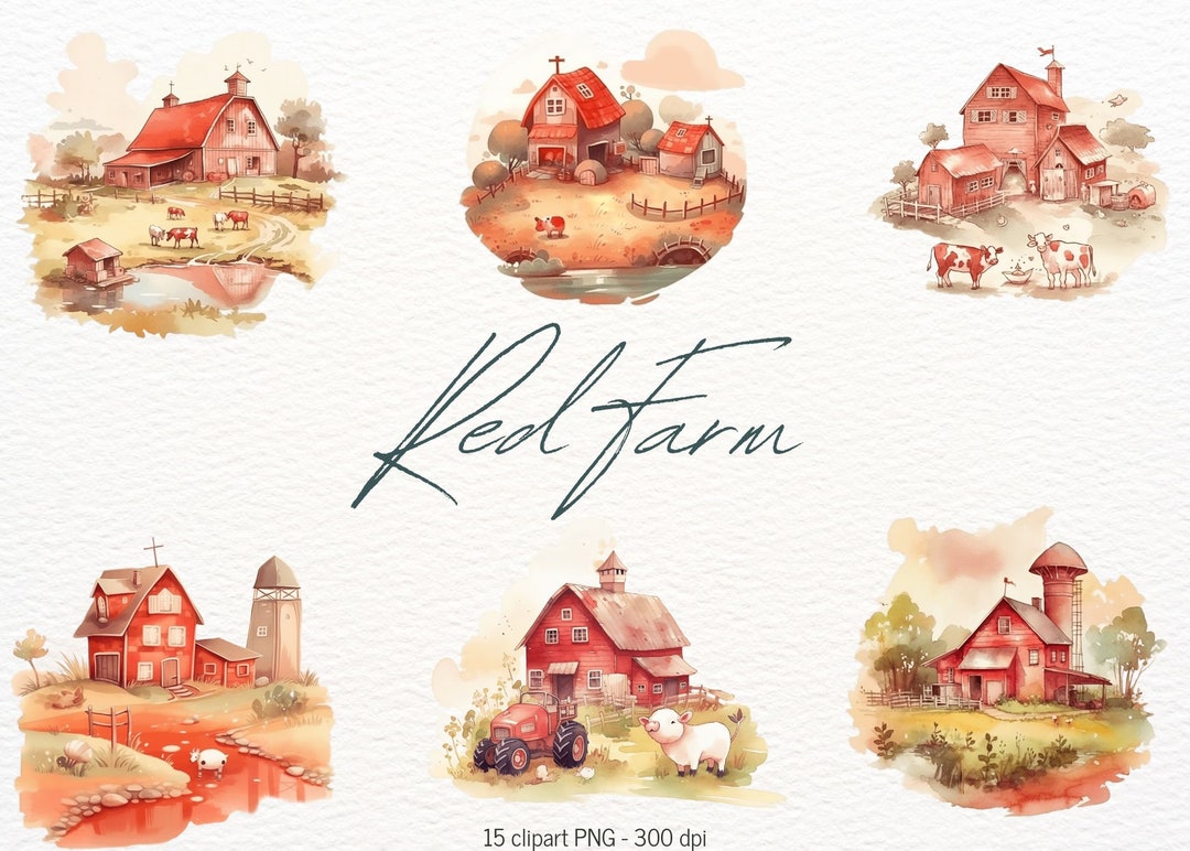 Farm Barn Clipart Bundle Watercolor Red Farm Houses Illustration Card ...