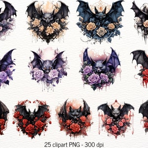 Halloween Clipart With Floral Bats Watercolor Illustration Bundle ...