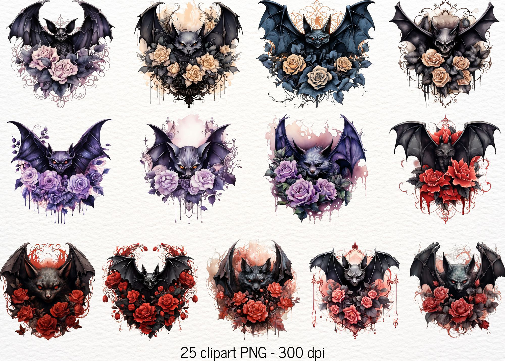 Halloween Clipart With Floral Bats Watercolor Illustration Bundle ...