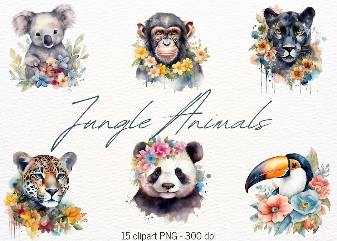 Jungle Animal Clip Art Bundle Watercolor Safari Animals With Flowers ...