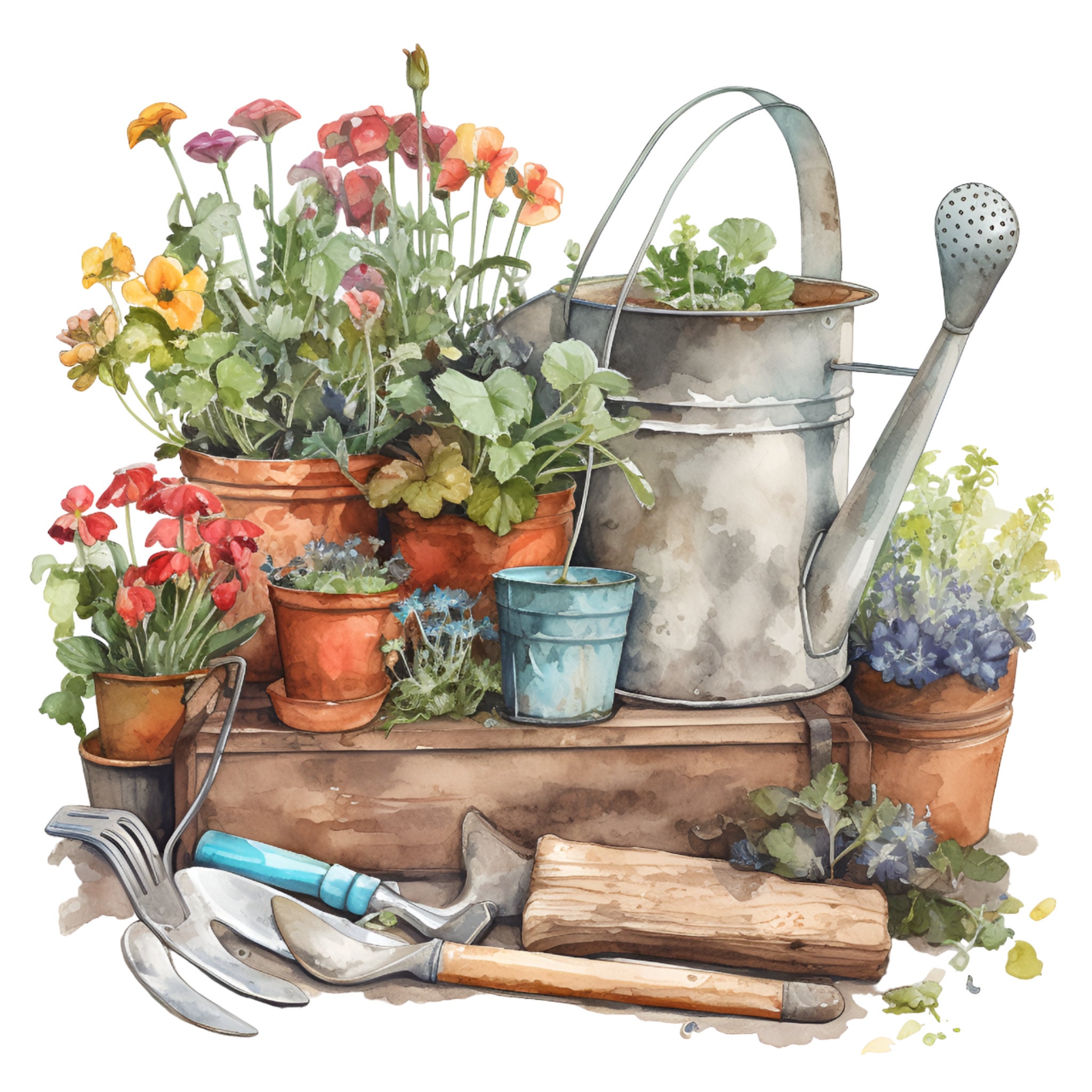 Watercolor Gardening Clip Art Bundle Garden Tools Planters Flowers 13 ...