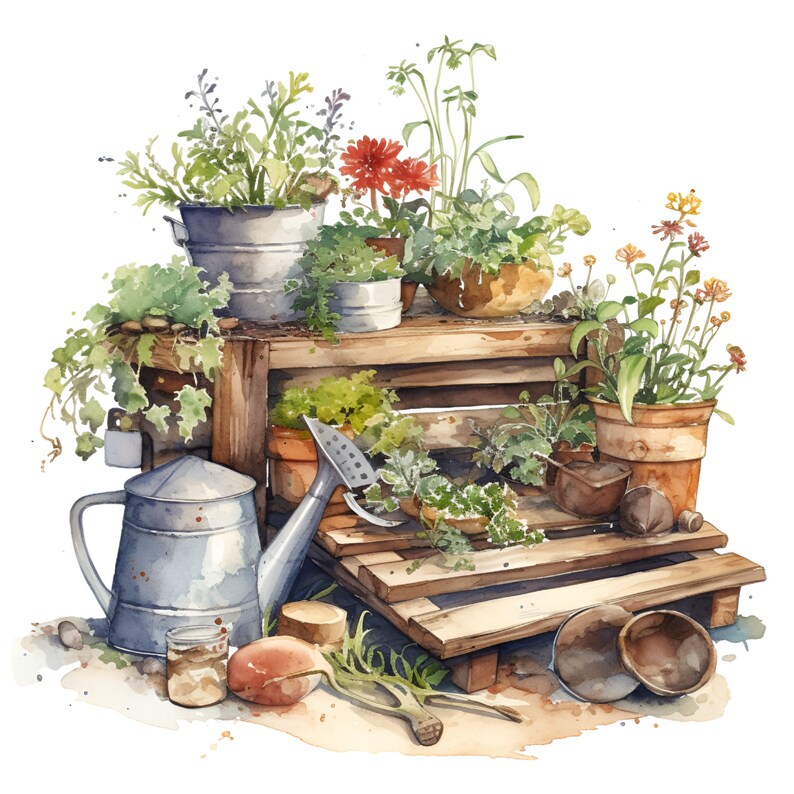 Watercolor Gardening Clip Art Bundle Garden Tools Planters Flowers 13 ...