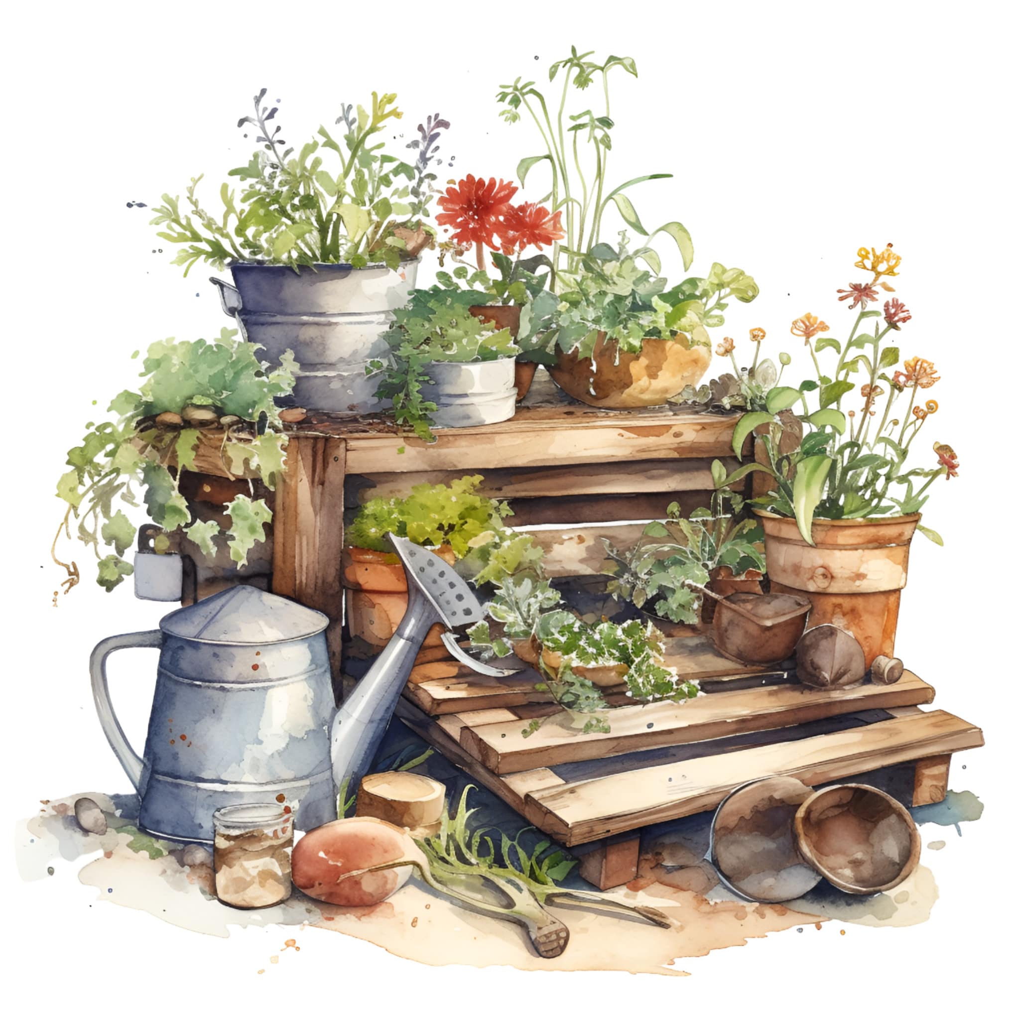 Watercolor Gardening Clip Art Bundle Garden Tools Planters Flowers 13 ...