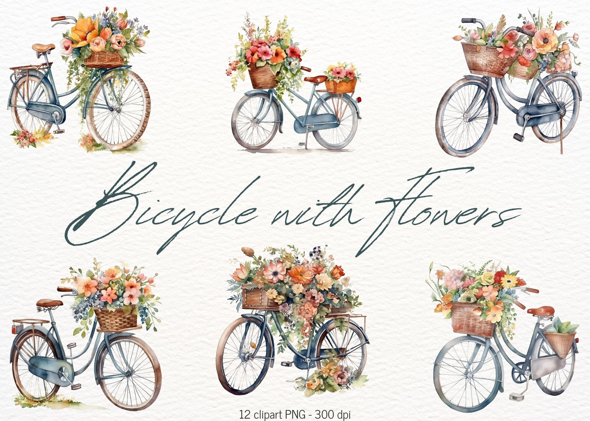 Vintage Bicycle Clip Art Bundle Watercolor Summer Floral Clip Art Pack ...