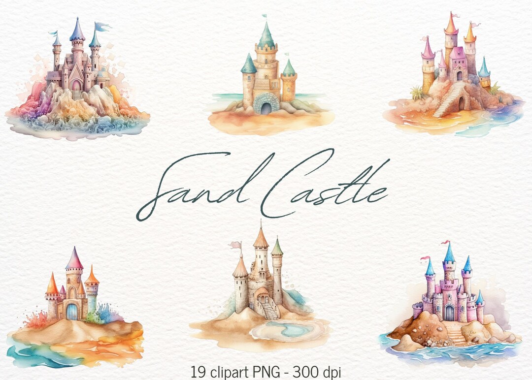 Watercolor Beach Clip Art Bundle 19 Transparent PNG Fantasy Sandcastle ...