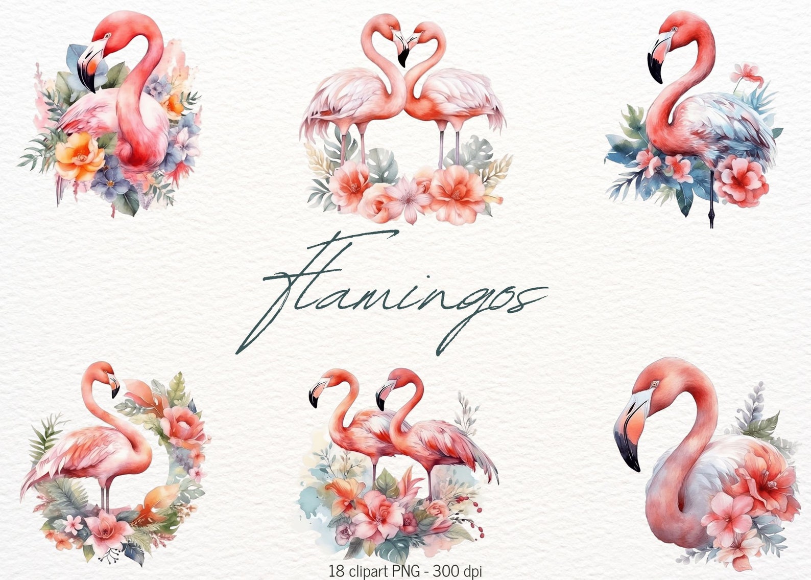Pink Flamingo Clipart Bundle Watercolor Floral Tropical Illustration 18 ...