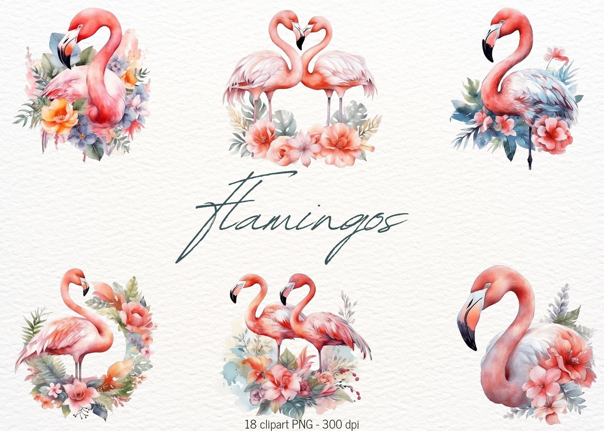 Pink Flamingo Clipart Bundle Watercolor Floral Tropical Illustration 18 ...