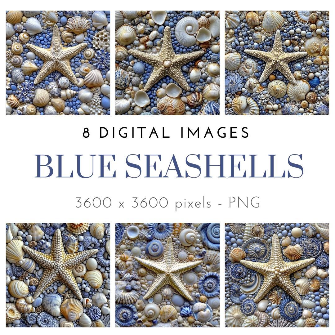 Seashell Digital Pattern Blue Gold Starfish Graphics Coastal Png for ...
