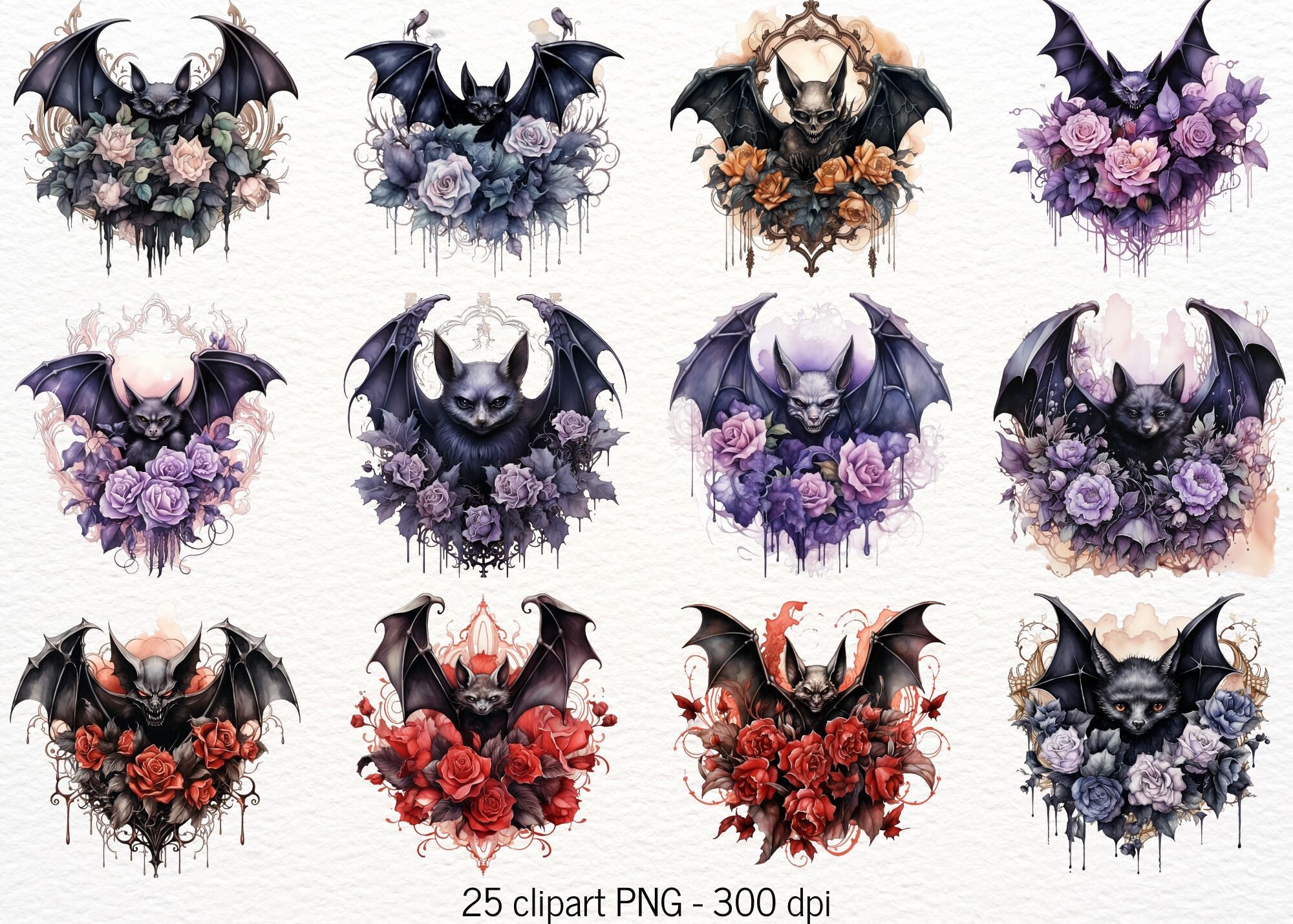 Halloween Clipart With Floral Bats Watercolor Illustration Bundle ...