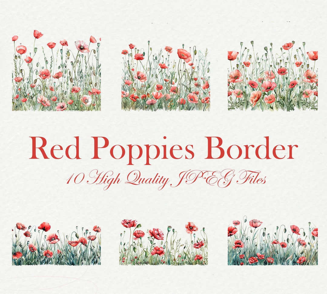 Red Poppies Border, Watercolor Poppies Border Clipart, Sublimation ...