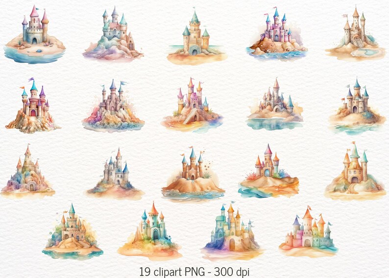 Watercolor Beach Clip Art Bundle 19 Transparent PNG Fantasy Sandcastle ...