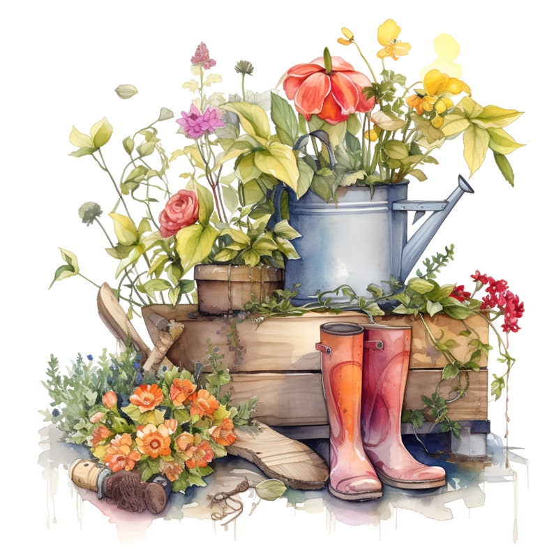 Watercolor Gardening Clip Art Bundle Garden Tools Planters Flowers 13 ...
