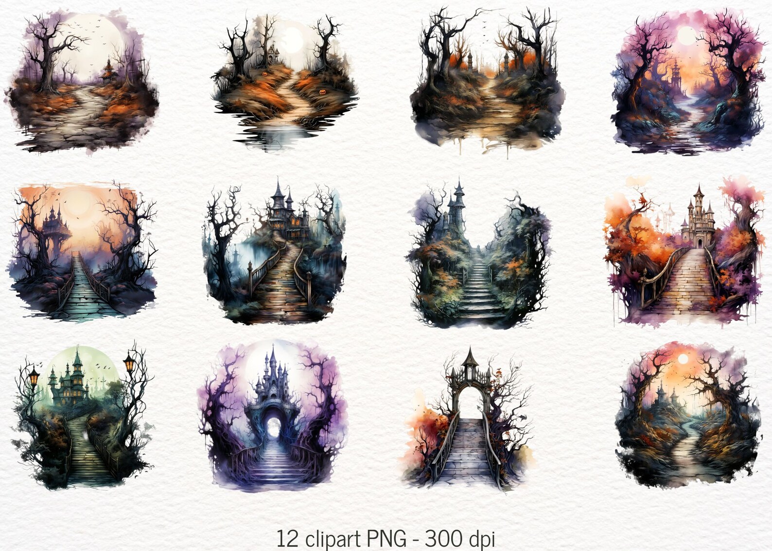 Halloween Clipart Bundle 12 Transparent PNG Fantasy Gothic Scenery ...